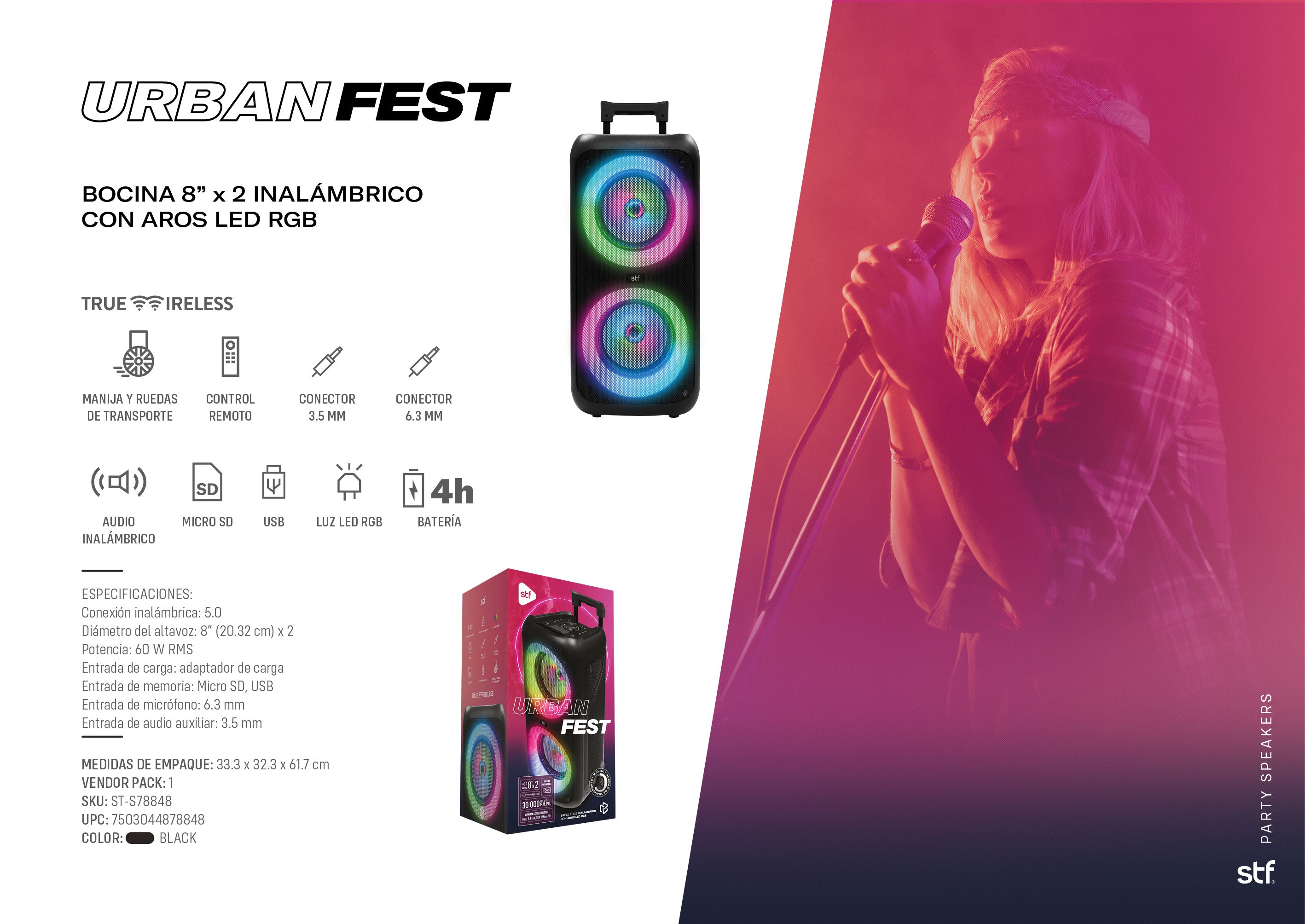 Bafle Bocina portatil | STF Urban Fest | 8" x 2 pulgadas 4 hrs uso 60W – Stf