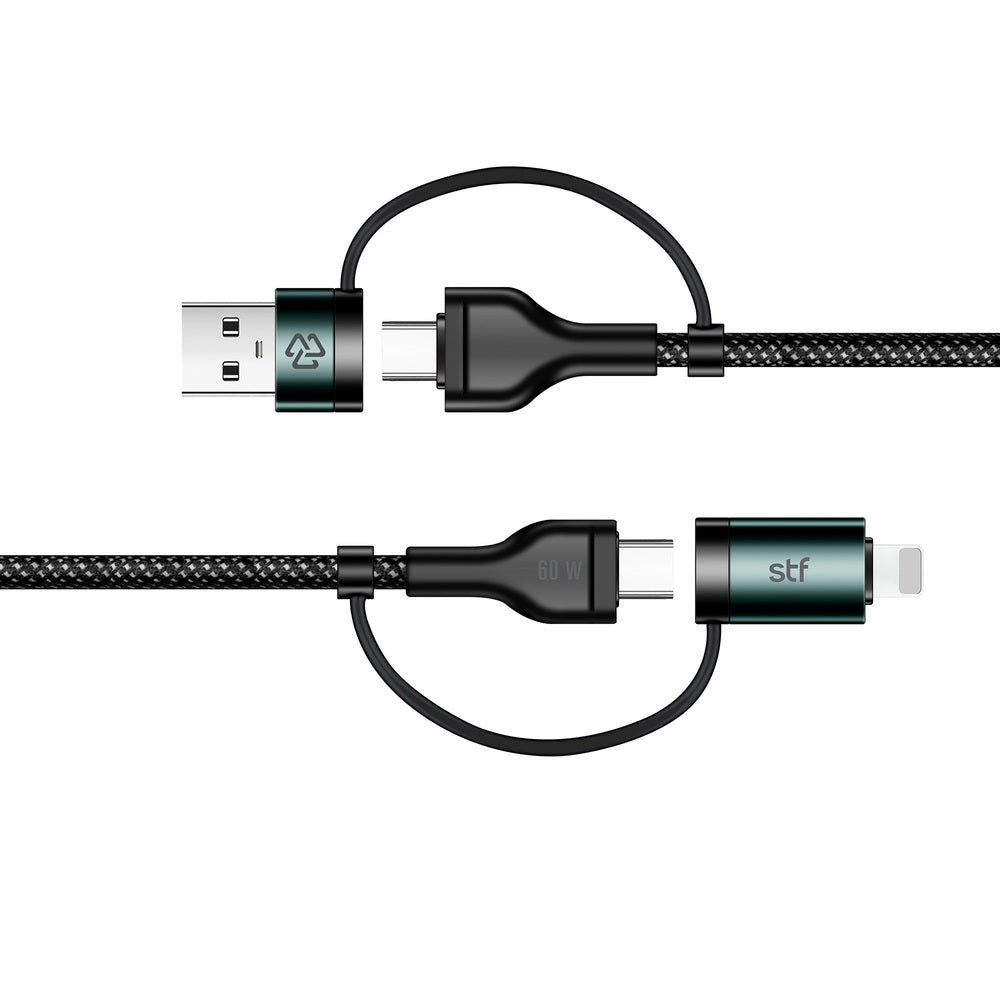Cable 4 en 1 Tipo C/USB a Tipo C/Lightning 60W Carga Rápida 1.8m – Stf